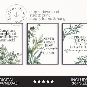 Office Wall Decor Set of 3 Prints, Green Watercolor Office Decor Women ...