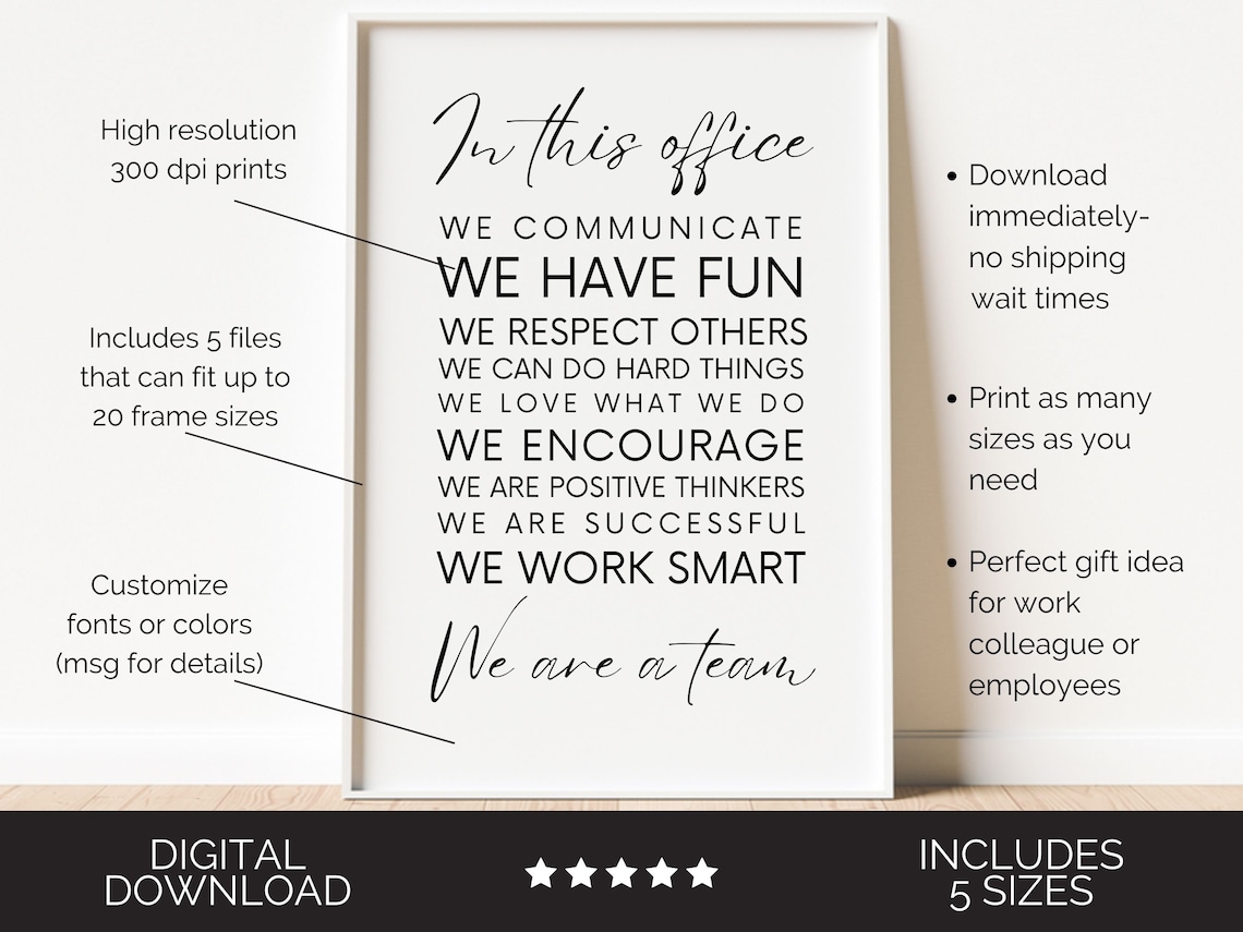Teamwork Quote Printable Office Values Print Inspirational Wall Art HR ...