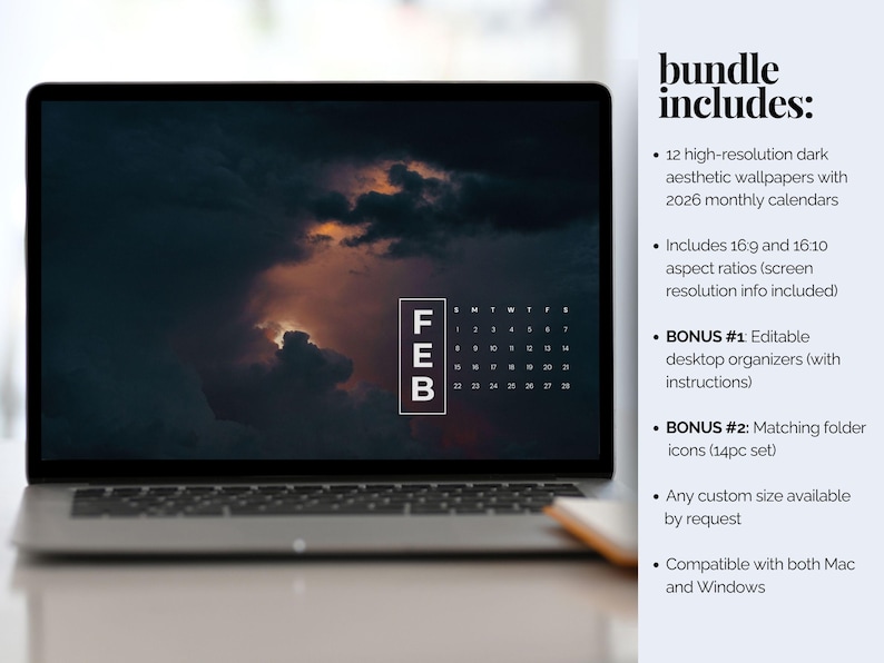 Desktop Wallpaper Calendar 2026, Dark Aesthetic Desk Decor, Monthly ...