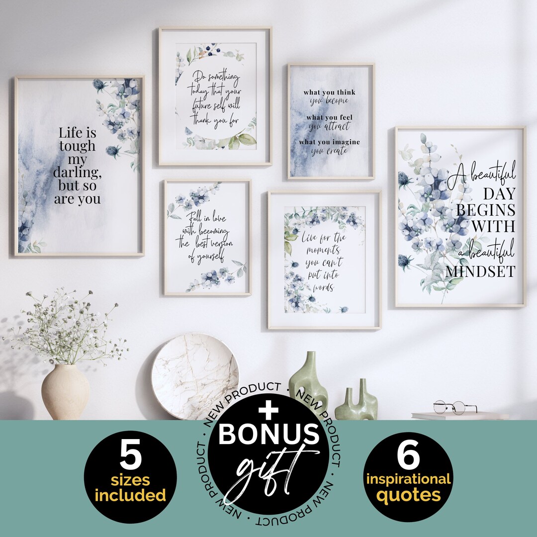 Blue Floral Inspirational Wall Art Set, Office Wall Decor Women, Light ...