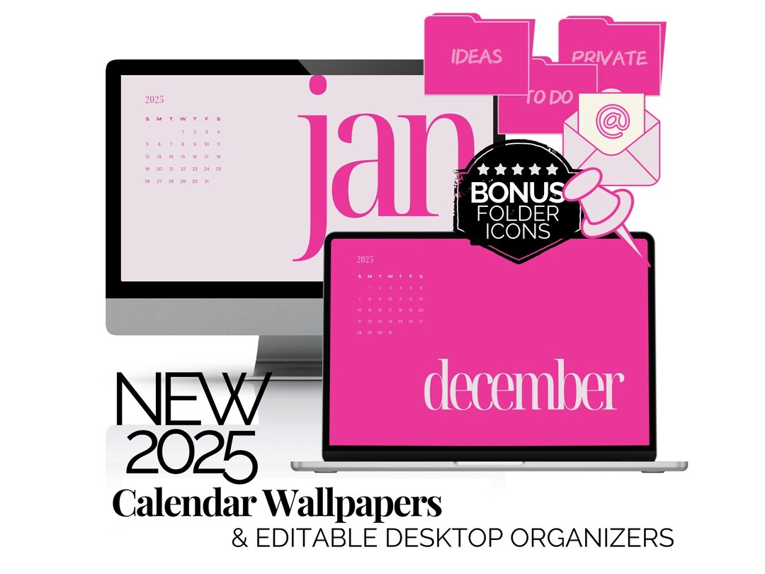 Girly Desktop Wallpaper and Icon Pack 2025 Monthly Calendar Digital ...