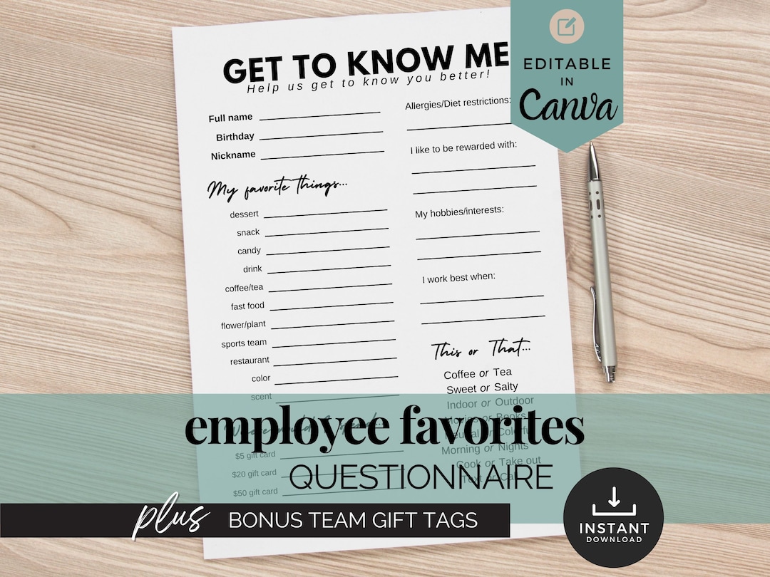 All About Me Form New Employee Welcome Questionnaire Coworker Gift Idea ...