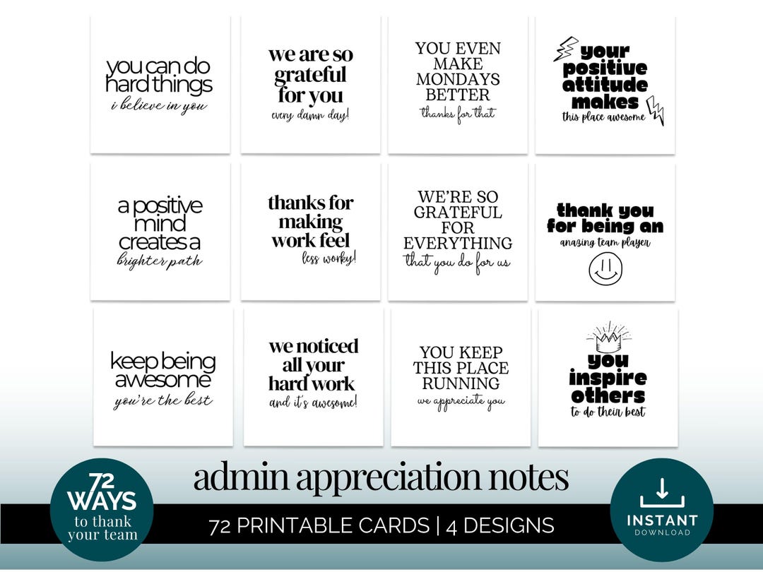 Admin Appreciation Notes, Printable Employee Thank You Cards Mini ...