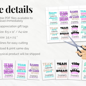 Teamwork Makes Dream Work Tags, Thanks for All You Do, Office Employee ...