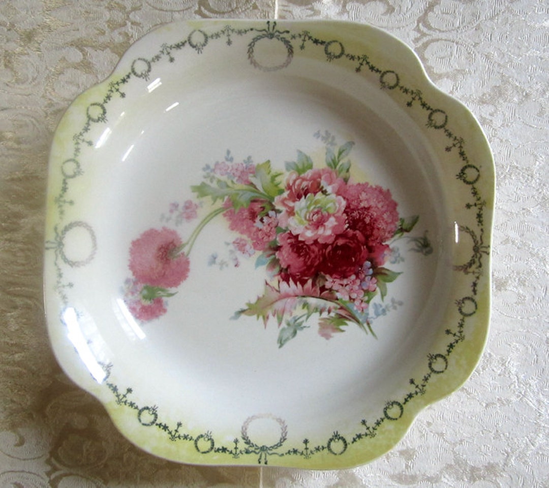 Antique Vintage Saxon China Serving Bowl Dish Pink Flowers Green Trim ...