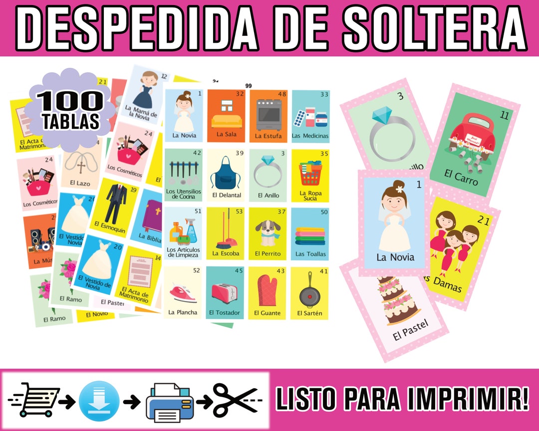 Loteria Despedida De Soltera En Español Para Imprimir 100 JUGADORES ...