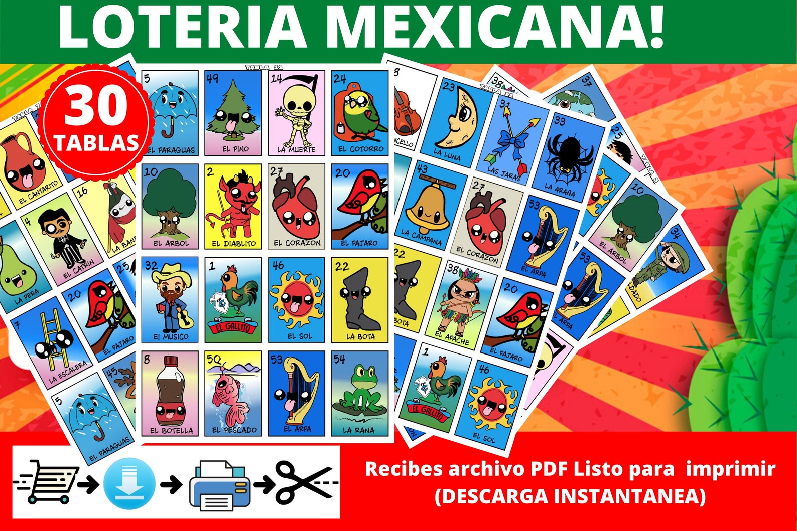 Mexican Loteria Game Cards Printable PDF INSTANT DOWNLOAD - Etsy
