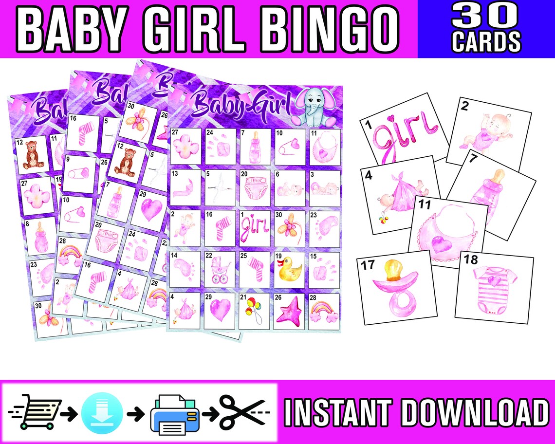 Baby Shower Bingo Girl Bingo Boards for Baby Party Elephant | Etsy