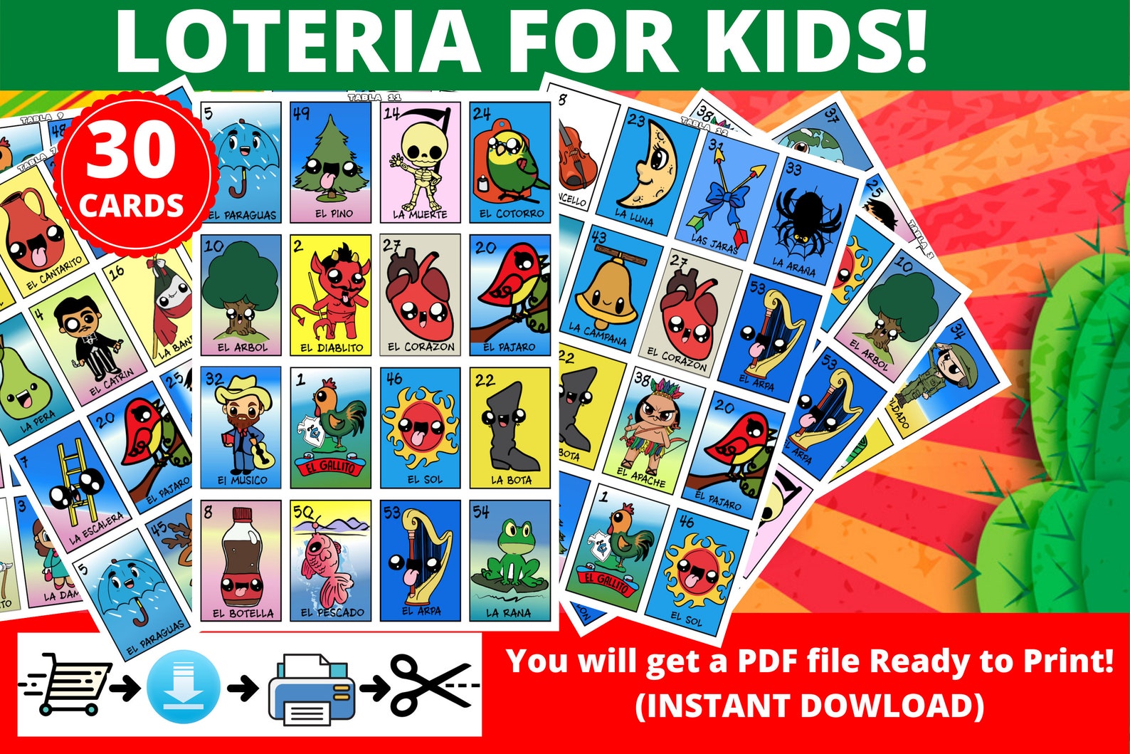 Mexican Loteria Game Cards Printable PDF INSTANT DOWNLOAD - Etsy