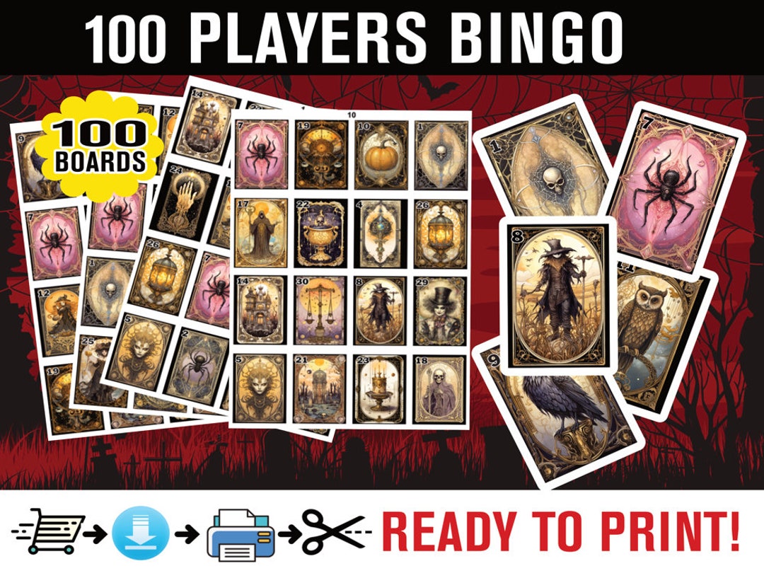 Halloween Bingo 100 PLAYERS Printable Bingo Boards and Cards for Adults ...