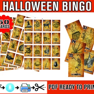 Halloween Bingo Printable Cards for 50 PLAYERS - Loteria Halloween ...
