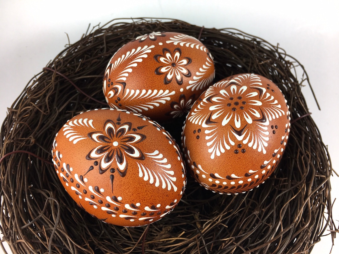 Polish Pysanky Eggs, Set of 3 Decorated Brown Chicken Eggs, Polish ...