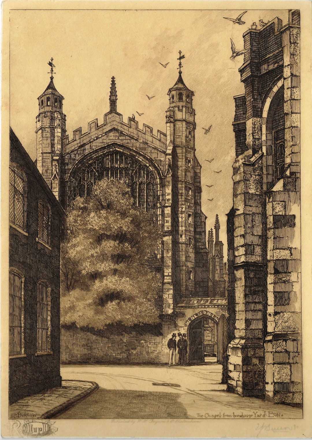 Antique Signed Sepia Etching Prints of Eton College by Edward Burrows ...
