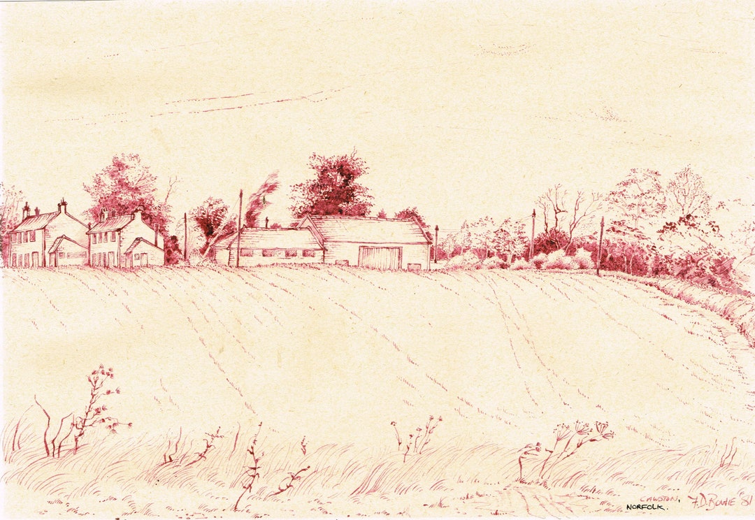 Vintage Original 1980s Ink Sketch Drawing Picture of Cottages in ...