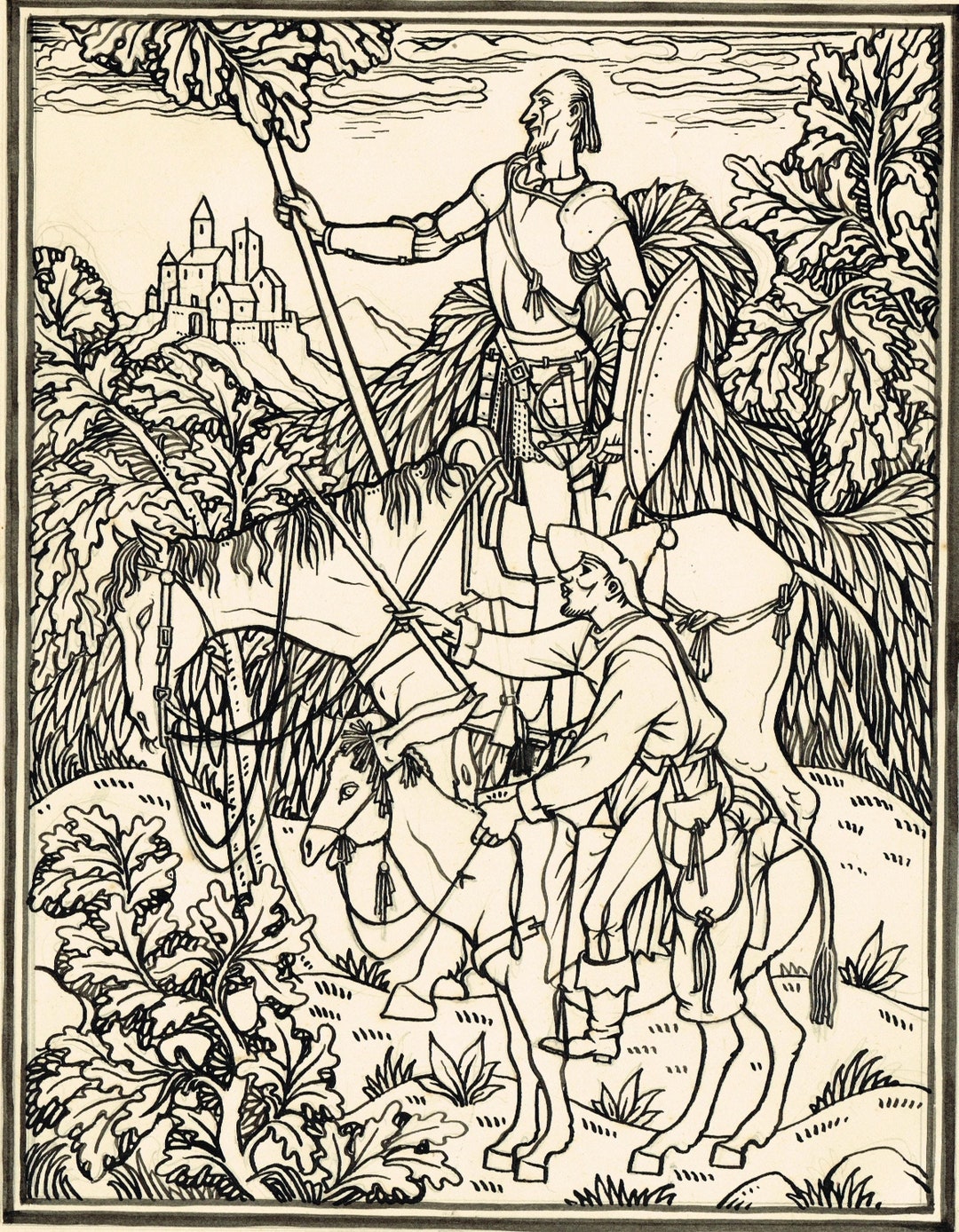 Vintage Book Illustration Ink Drawing of a Knight and a Castle - Etsy