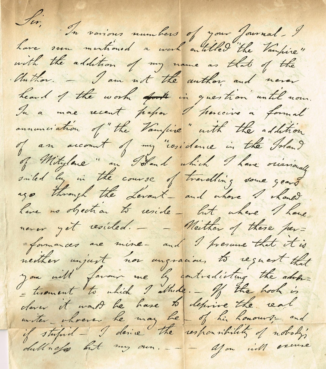 Facsimile of the Byron 'vampire' Letter - Etsy Canada