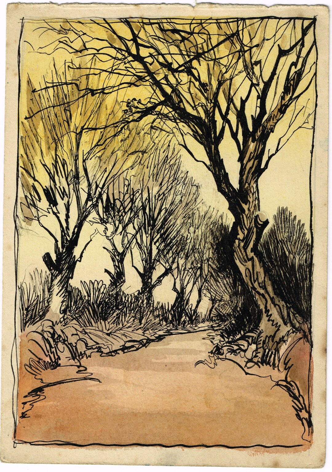 Vintage Original 1930s / 40s, Small Watercolour / Ink Painting by ...