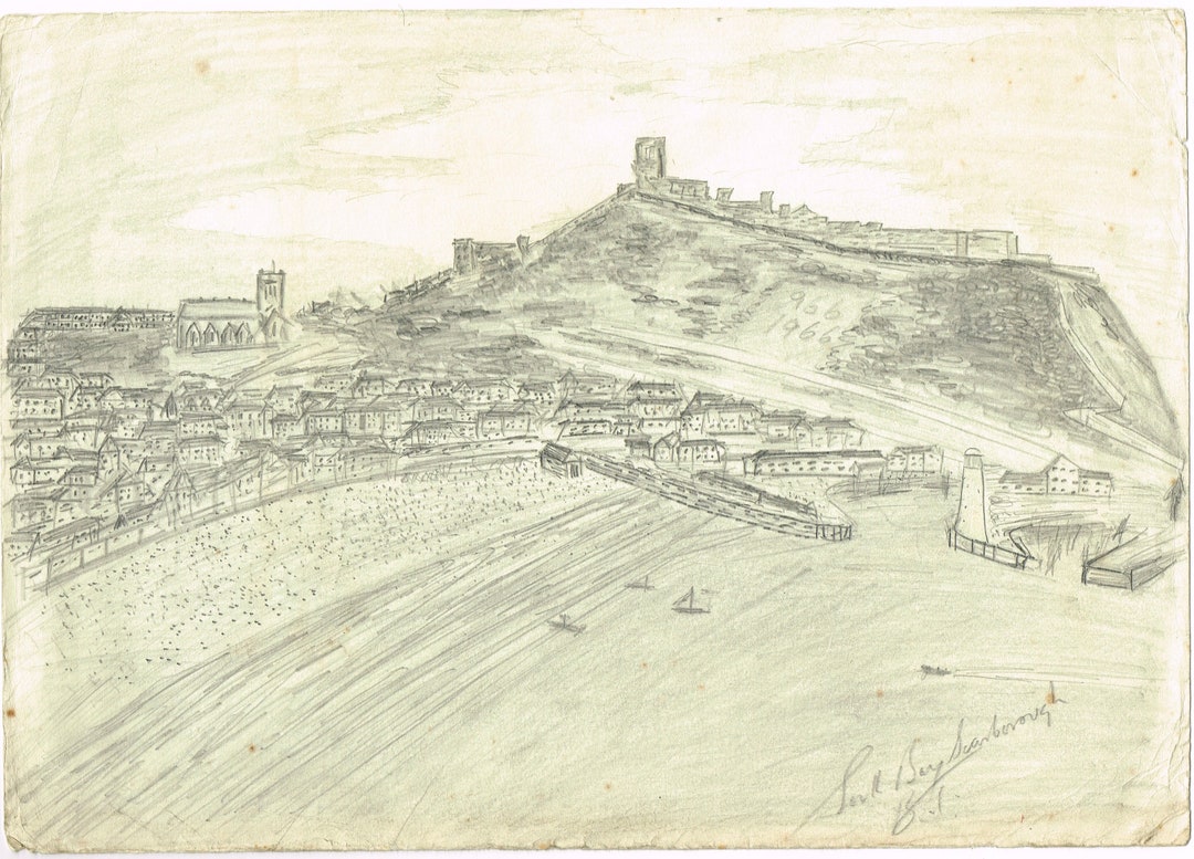 Vintage Original 1960s Pencil Sketch Drawing Picture of Seaside by B.T ...