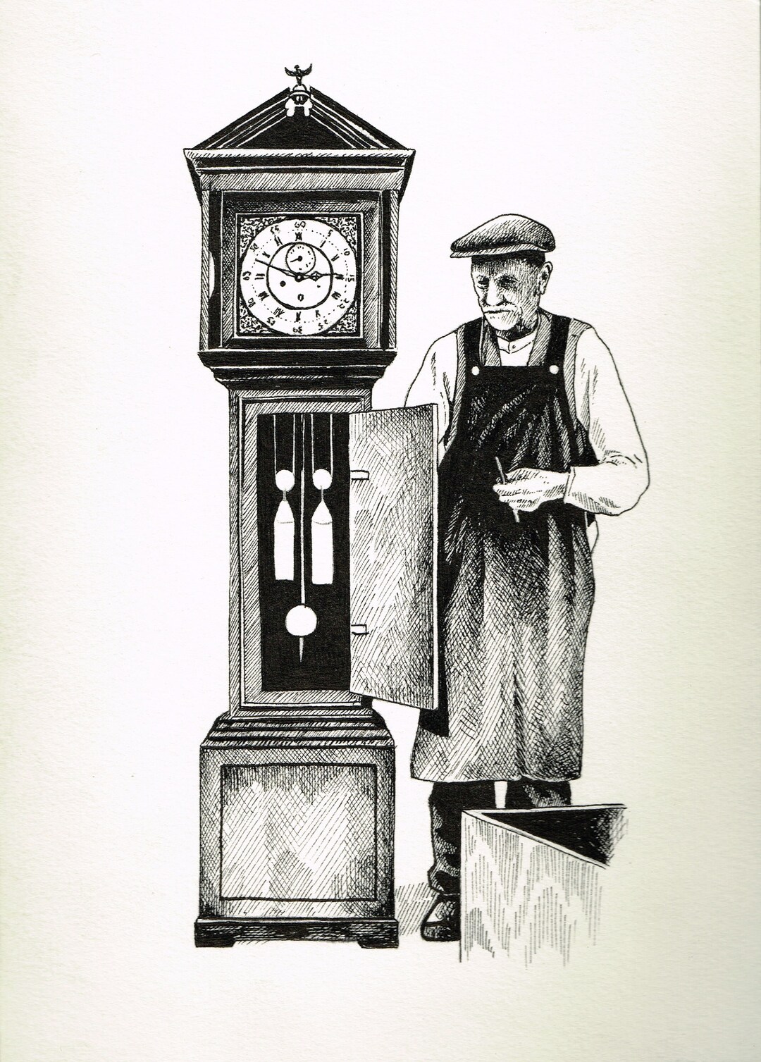Pen and Ink Clock Maker Drawing , Vintage Original 1960s - Etsy