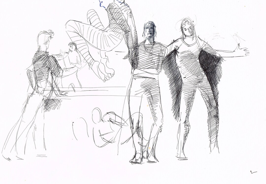 Vintage Original 1980s 1990s Large Ink Drawing of People by Illustrator ...