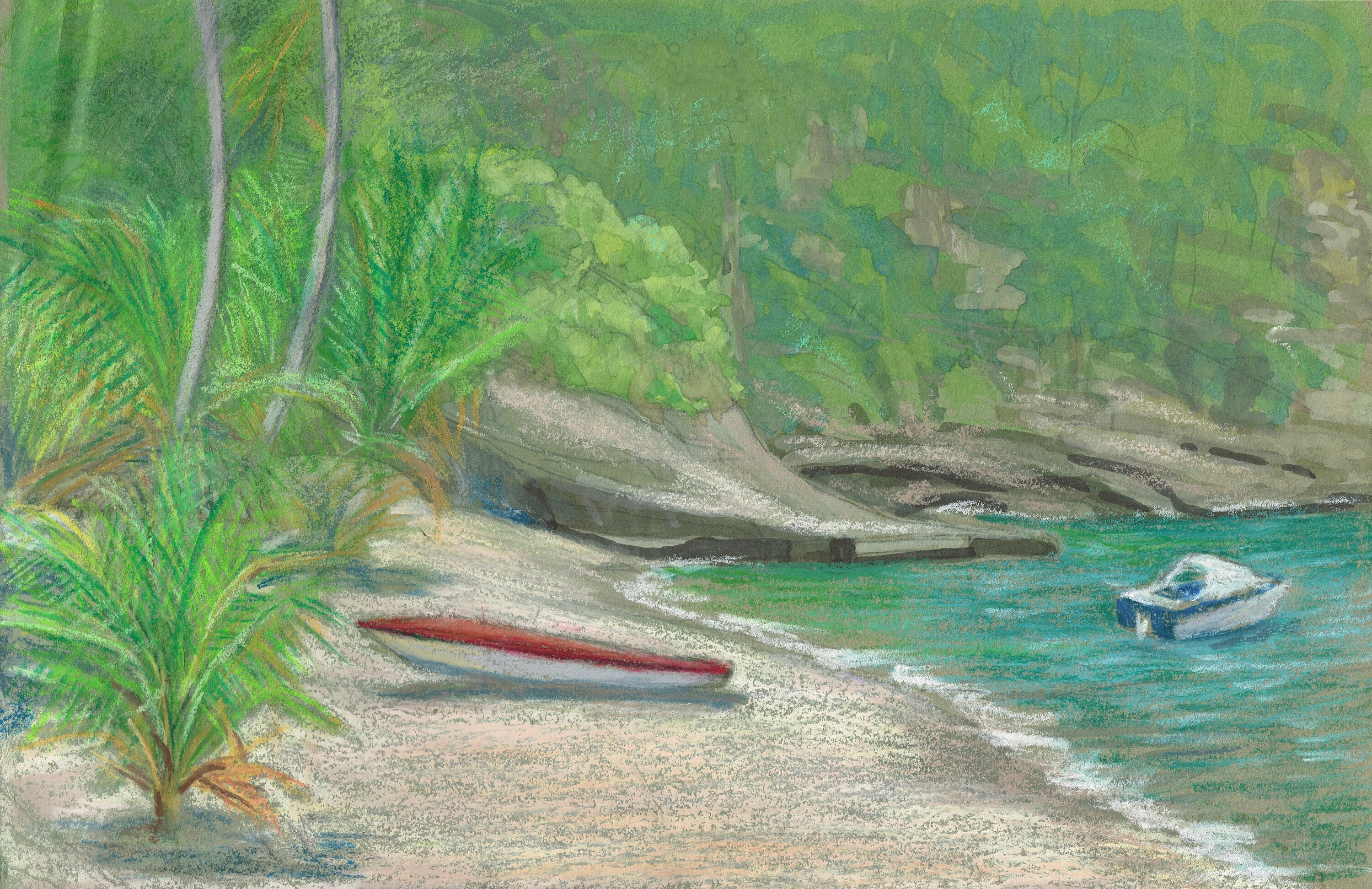 Vintage Pastel Drawing of Beach Scene With Palm Trees - Etsy