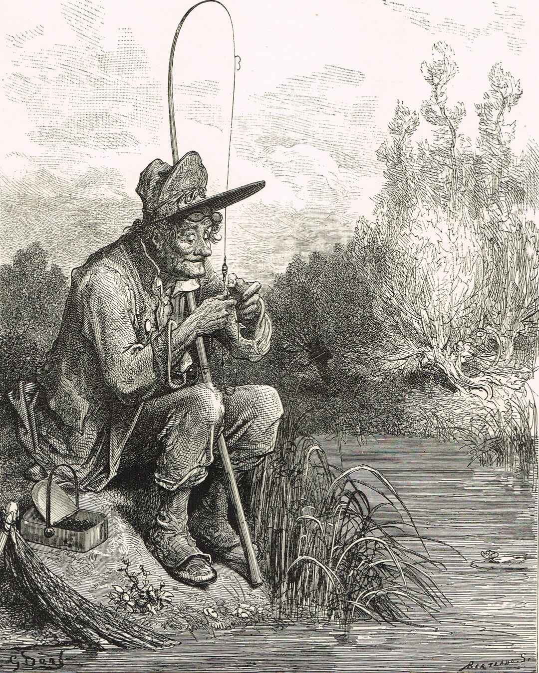 Antique Print ' the Little Fish and the Fisherman ' Gustave Dore 1890s ...