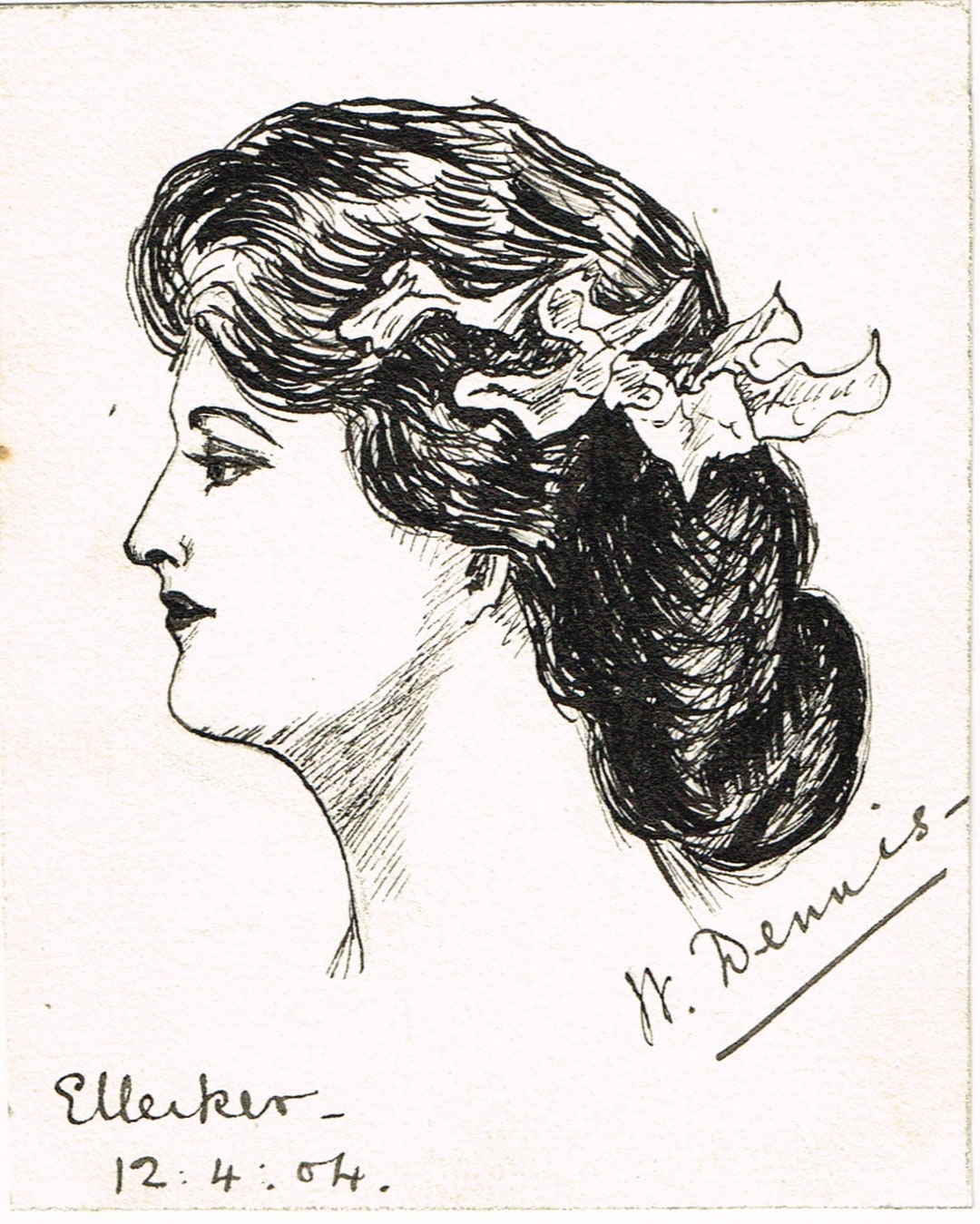 Antique Vintage Original Edwardian Pen Drawing Sketch of Lady, Fashion ...