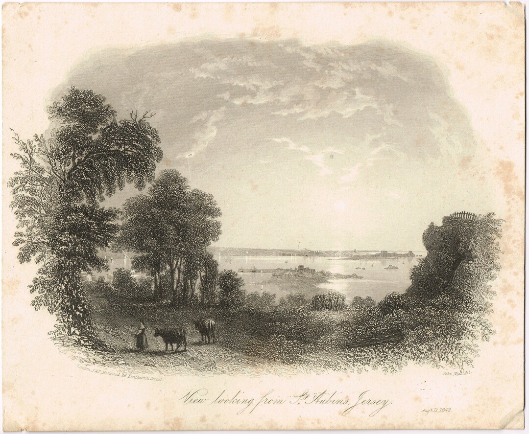 Antique Vintage 1800s, Victorian Etching Engraving Print ' St Aubin's ...