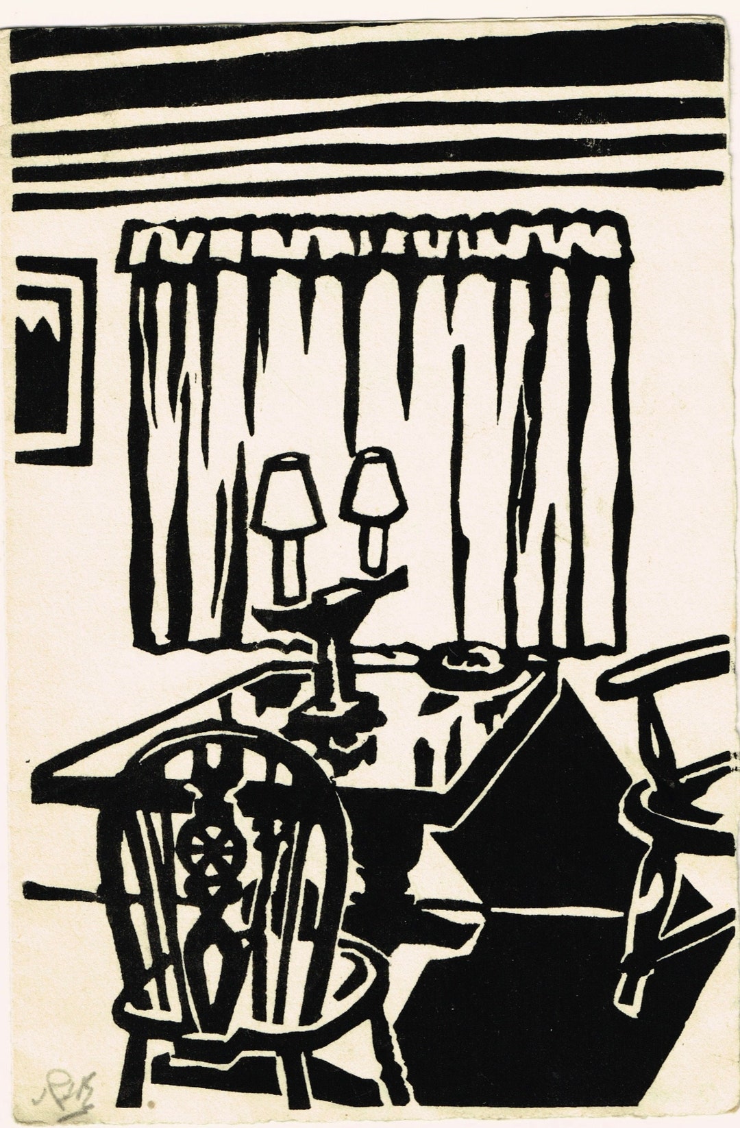 Vintage Black and White Lino Cut Print of a Still Life Interior by R H ...