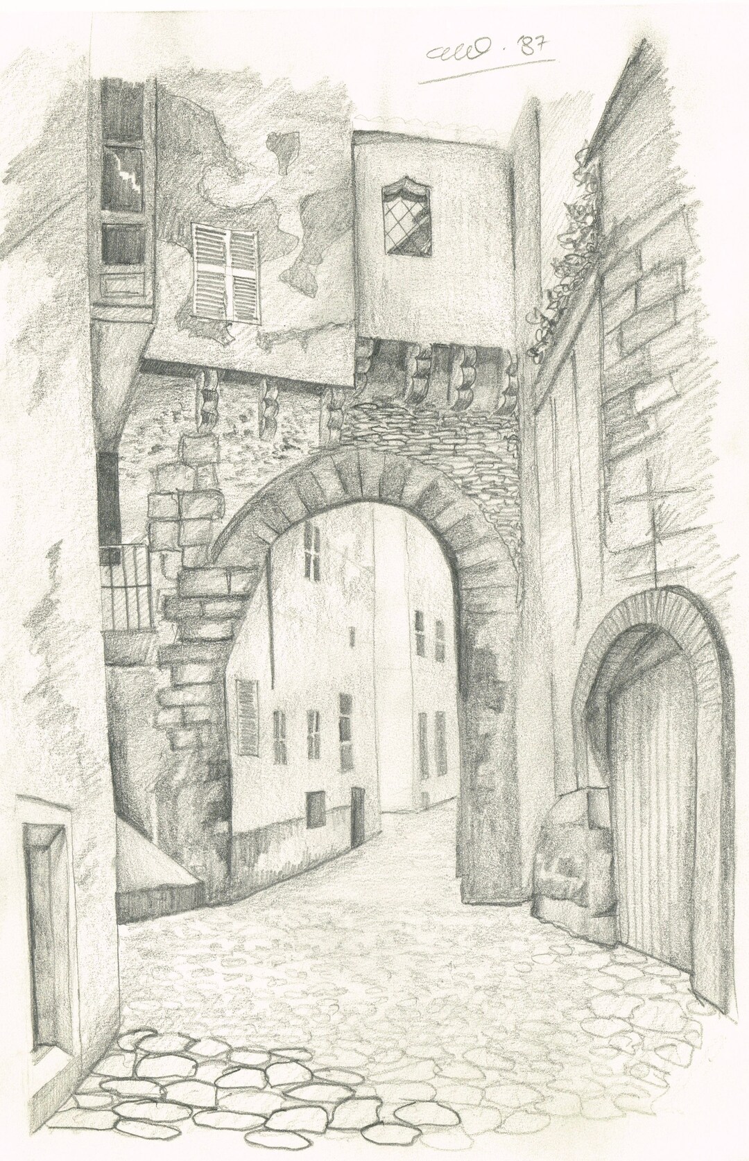 Vintage Original 1980s Pencil Sketch Drawing Picture of Buildings ...