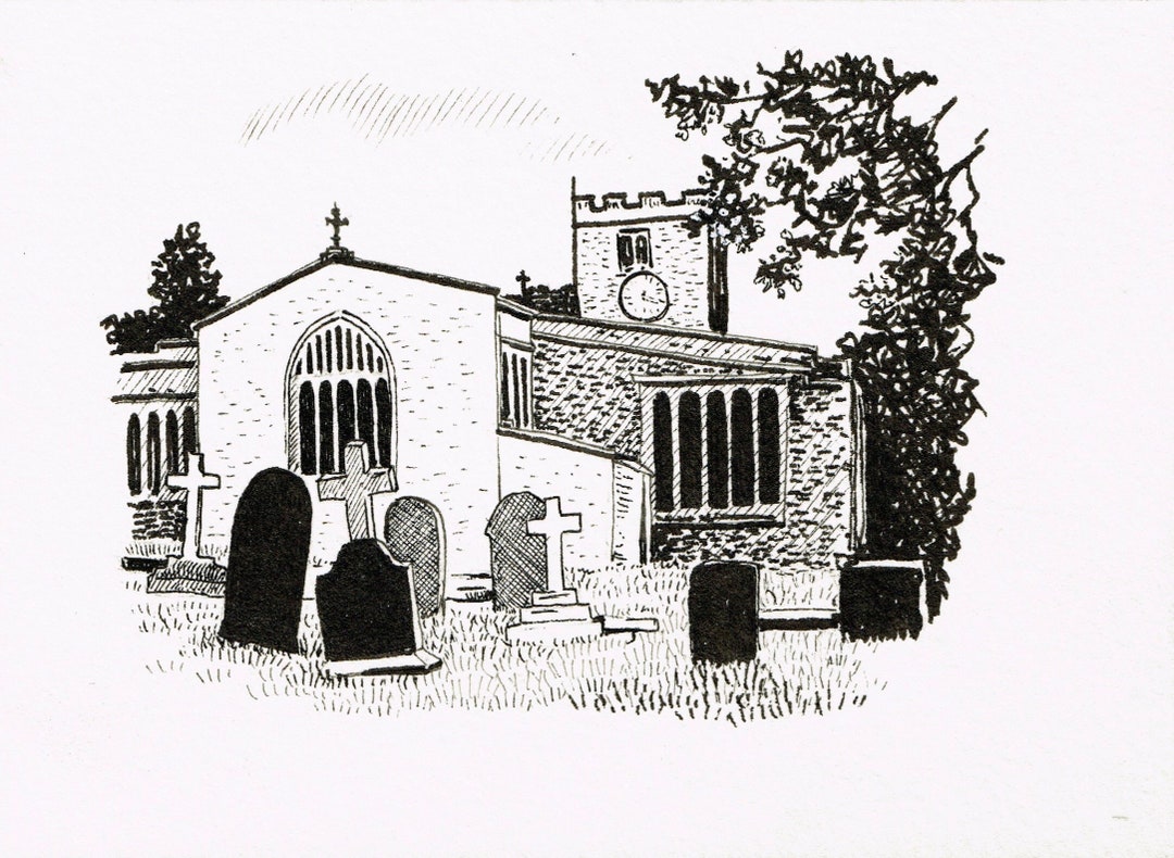 Pen and Ink Drawing, St Andrews Church Reeth , Vintage Original 1960s ...