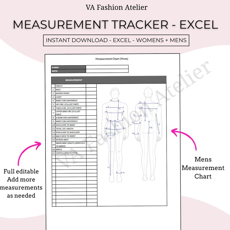 Body Measurement Sheet Womens & Mens- Fashion Sewing Measurement Sheet ...