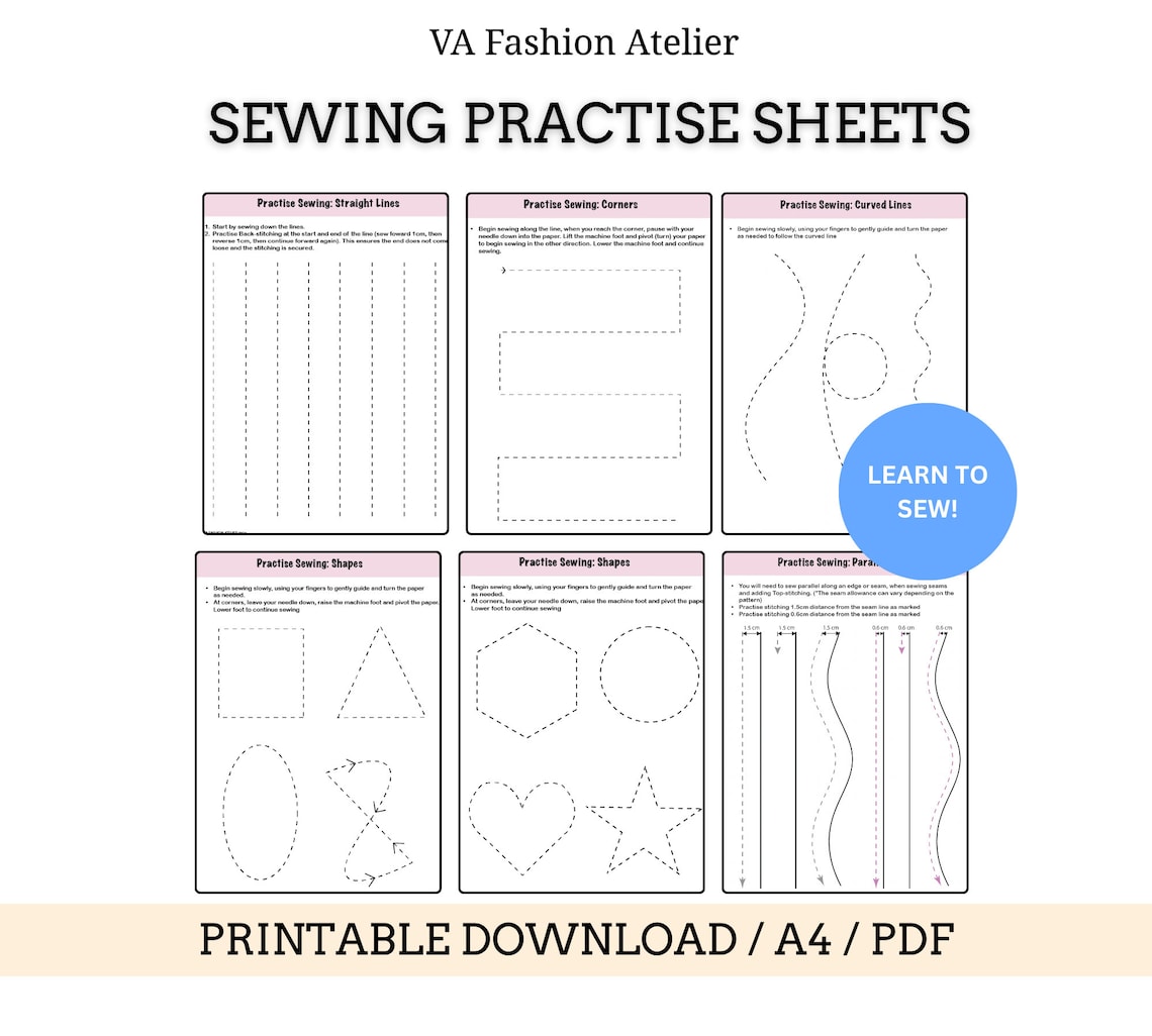 Sewing Practice Sheets Instant Download PDF, Learn to Sew, Beginner ...