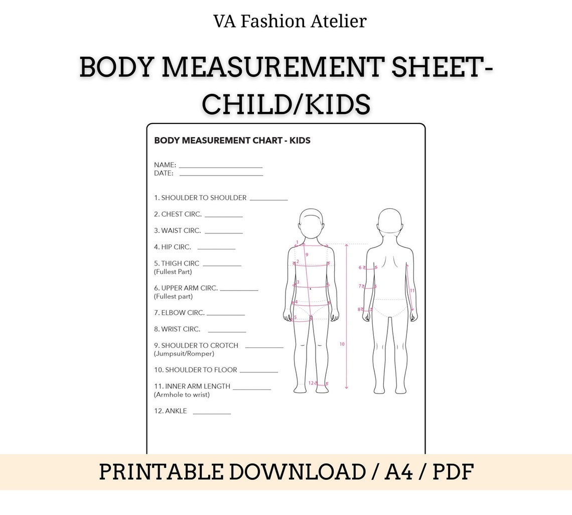 Kid's Body Measurement Sheet - Fashion Sewing Measurement Sheet - Blank ...