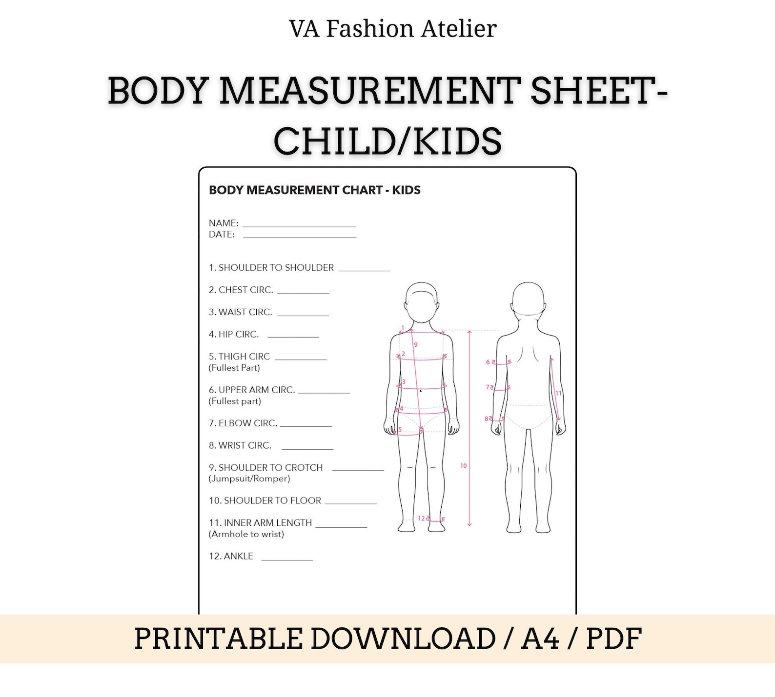 Kid's Body Measurement Sheet - Fashion Sewing Measurement Sheet - Blank Pdf File A4 Printable - Etsy