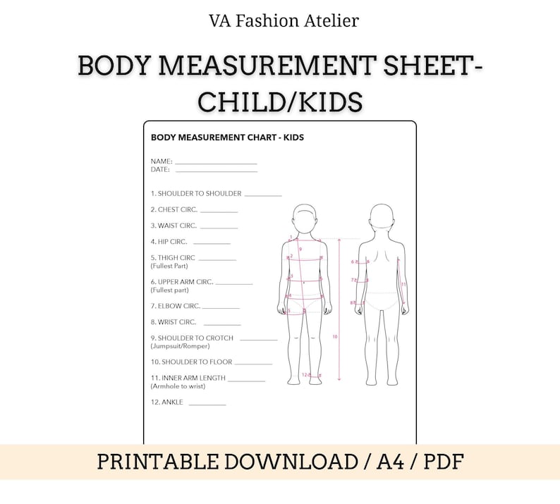 Kid's Body Measurement Sheet - Fashion Sewing Measurement Sheet - Blank ...