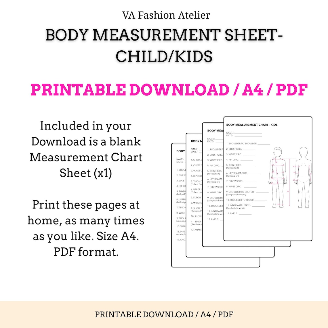 Kid's Body Measurement Sheet - Fashion Sewing Measurement Sheet - Blank ...