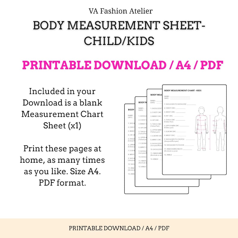 Kid's Body Measurement Sheet - Fashion Sewing Measurement Sheet - Blank ...
