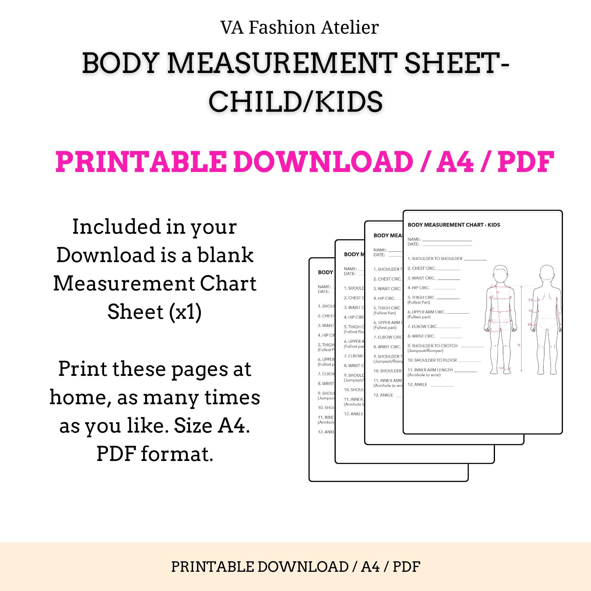 Kid's Body Measurement Sheet - Fashion Sewing Measurement Sheet - Blank ...