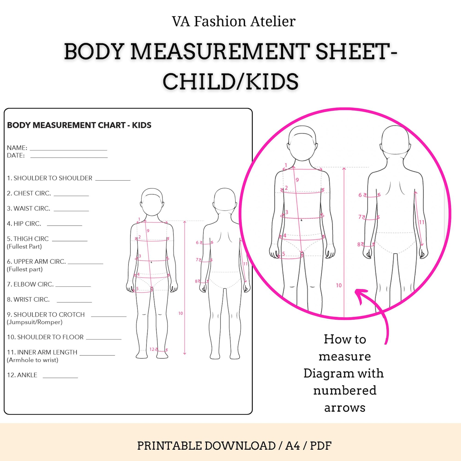 Kid's Body Measurement Sheet - Fashion Sewing Measurement Sheet - Blank ...