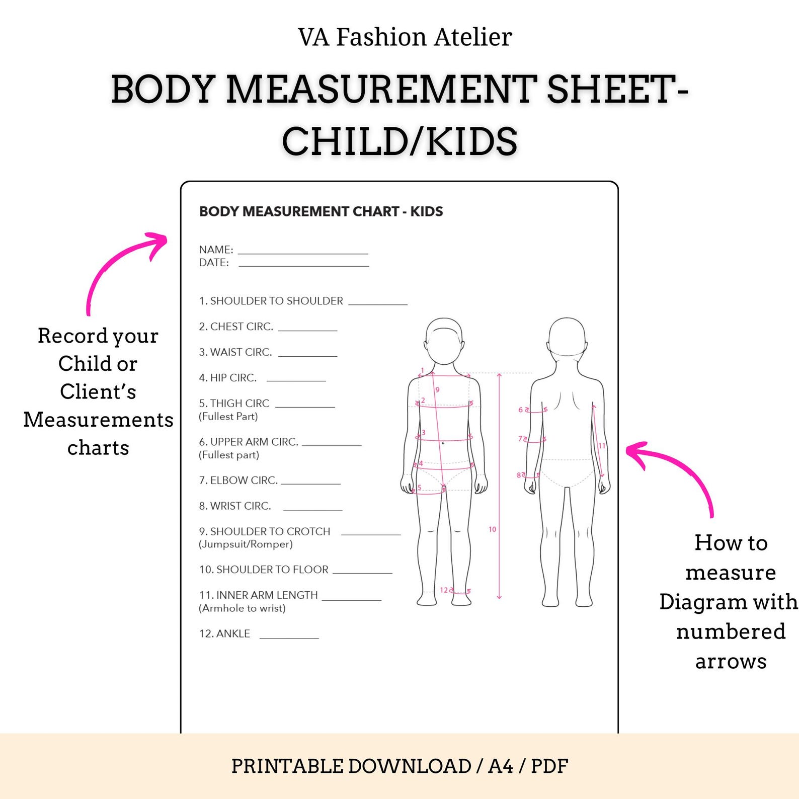 Kid's Body Measurement Sheet - Fashion Sewing Measurement Sheet - Blank ...