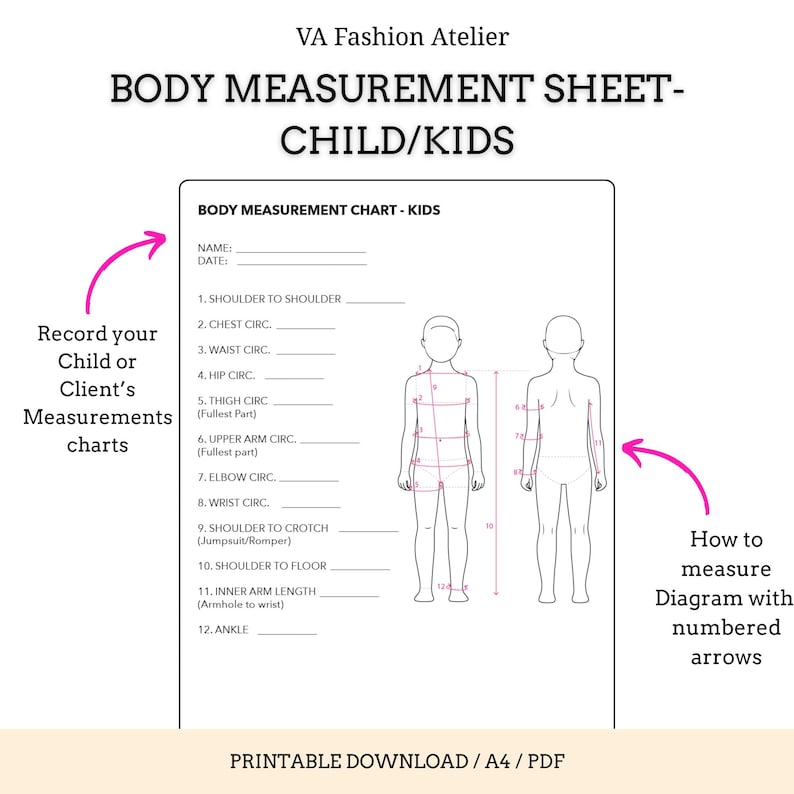 Kid's Body Measurement Sheet - Fashion Sewing Measurement Sheet - Blank ...