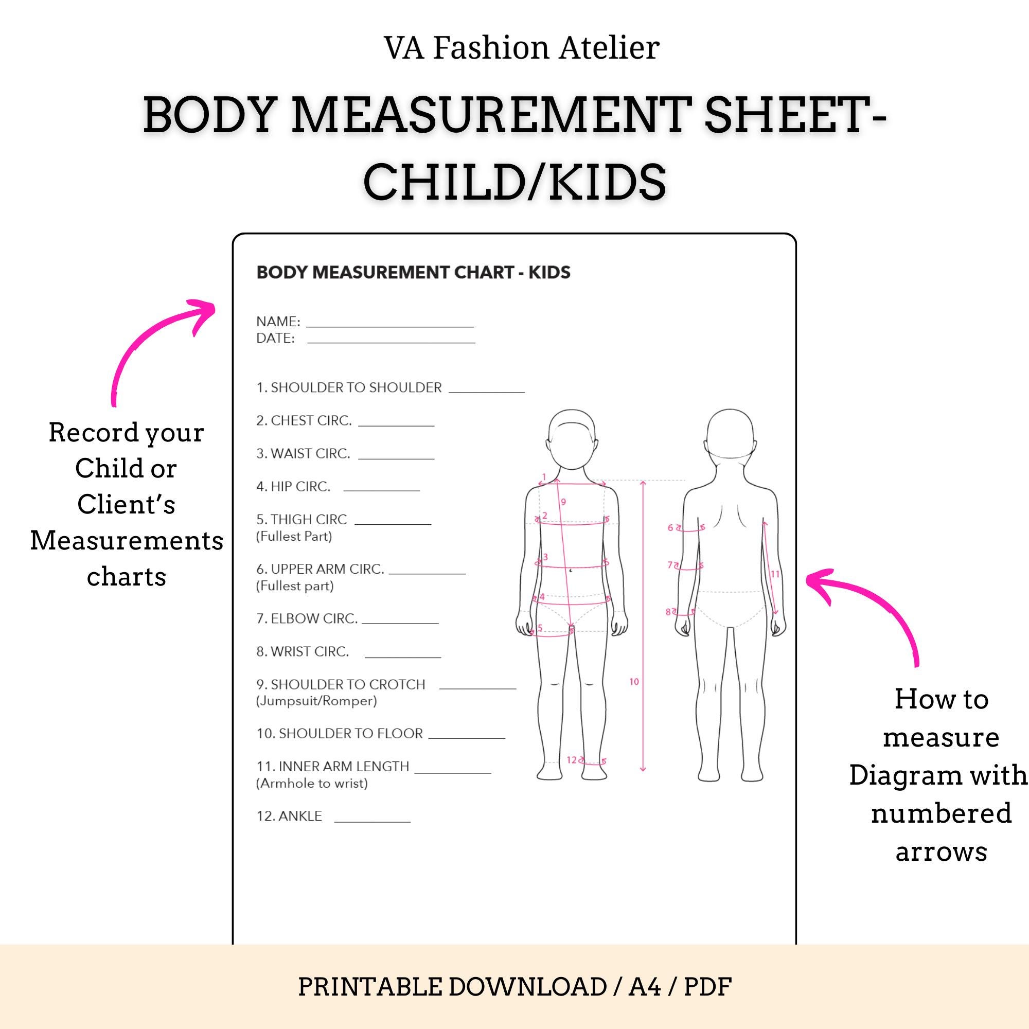 Kid's Body Measurement Sheet - Fashion Sewing Measurement Sheet - Blank Pdf File A4 Printable - Etsy