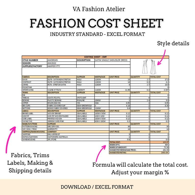 Fashion Cost Sheet Manufacturing - Customizable - Excel Spec Sheet ...
