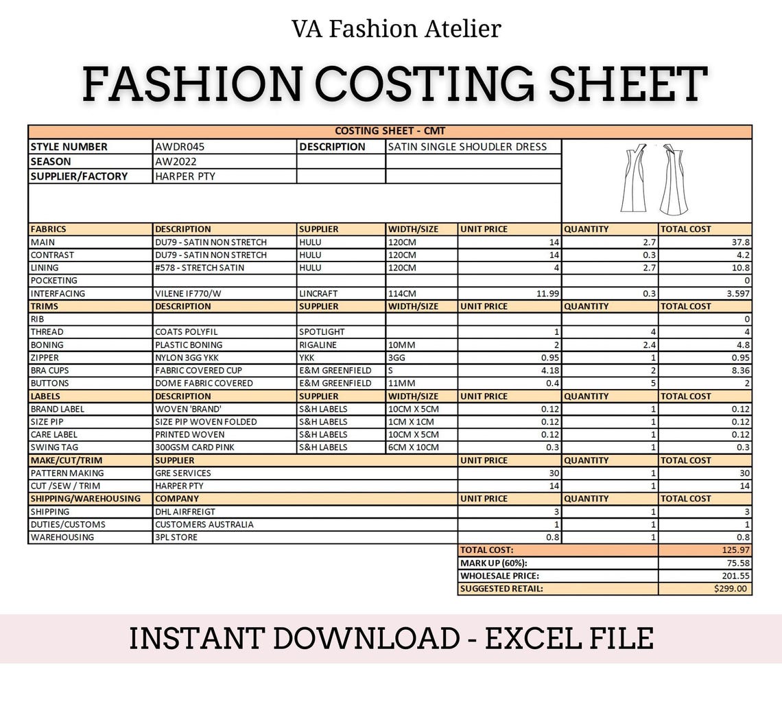 Fashion Cost Sheet Manufacturing - Customizable - Excel Spec Sheet ...