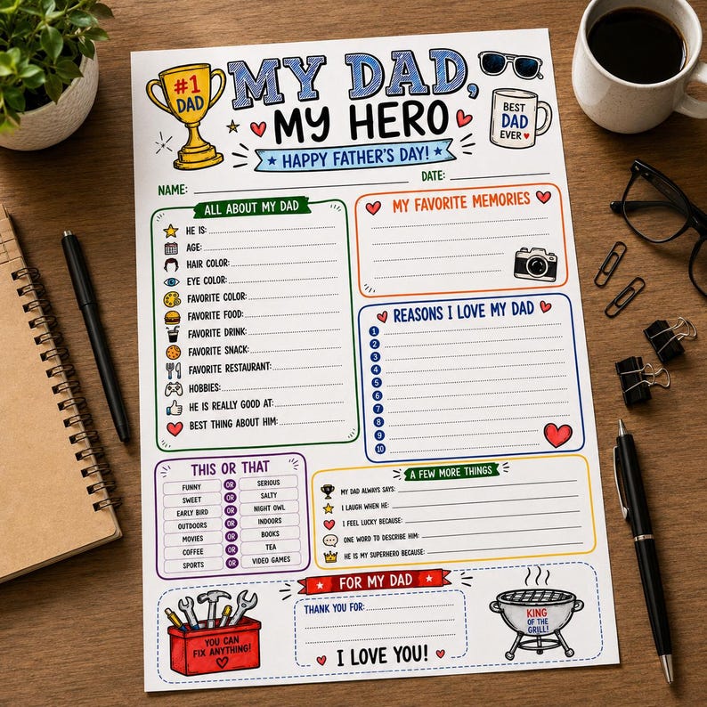 Father's Day Dad Questionnaire Printable, All About My Hero Worksheet ...