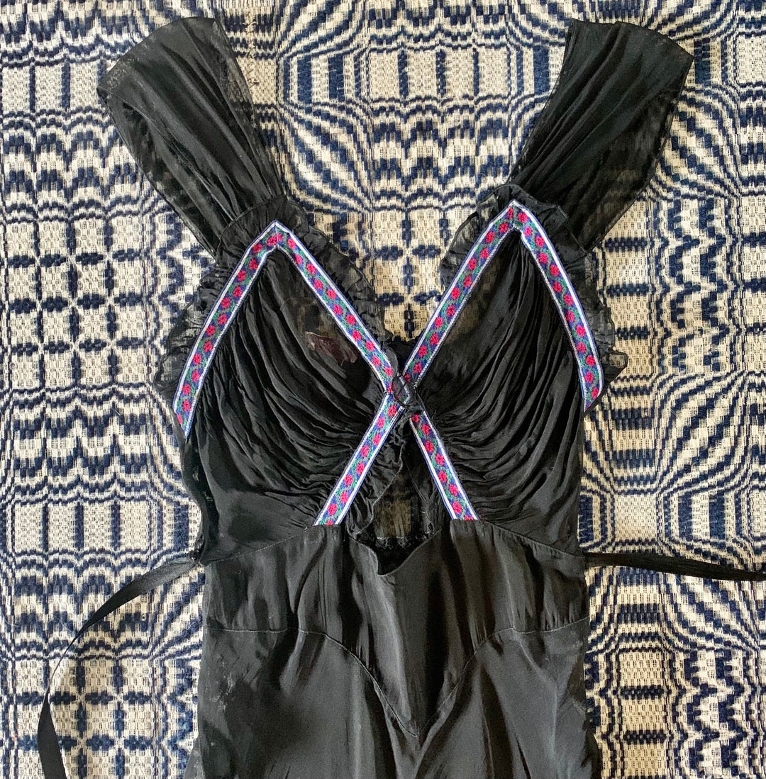 1940s Molla Kaye Black Full Length Nightgown With Cut Out, 40s Lingerie ...