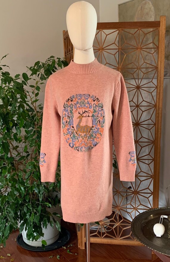 Vintage Pink Wool Sweater with Long Sleeves and Deer … - Gem