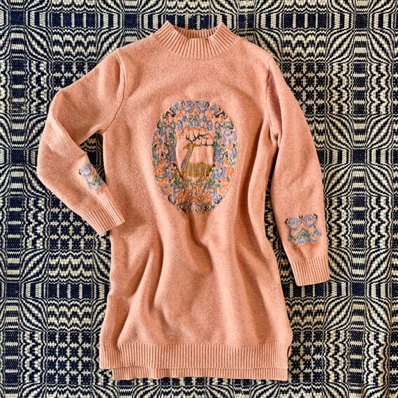 Vintage Pink Wool Sweater with Long Sleeves and Deer … - Gem