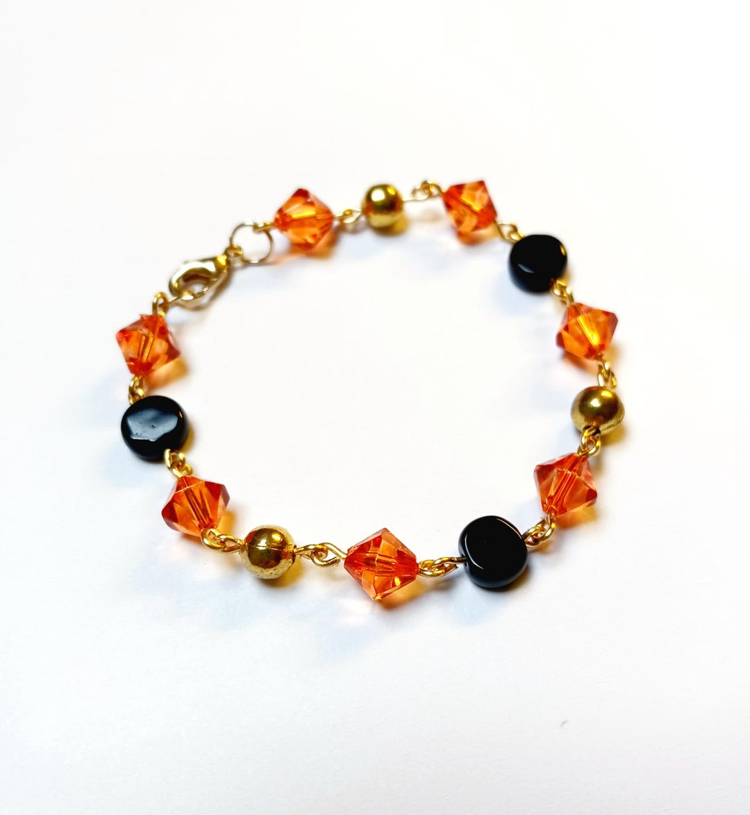 Orange Bicone Crystals and Black Onyx Beaded Wire Bracelet - Etsy